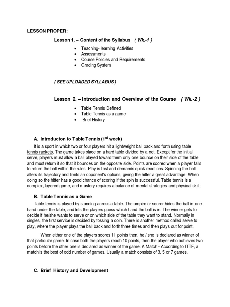 Table Tennis Course Overview and History | PDF | Table Tennis | Sports ...