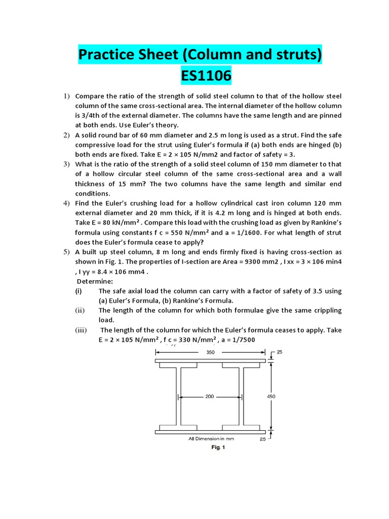 Practice Sheet (Column and Struts) ES1106 | PDF | Column | Civil ...