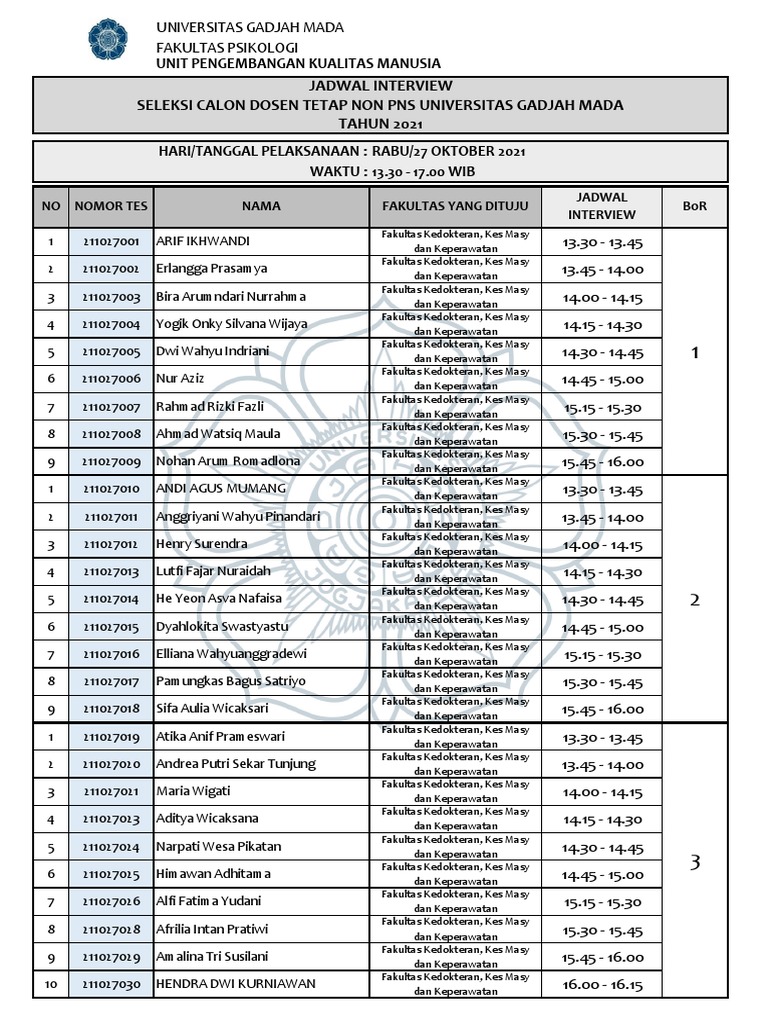 Jadwal Interview - Seleksi Dosen Ugm - 271021 | PDF