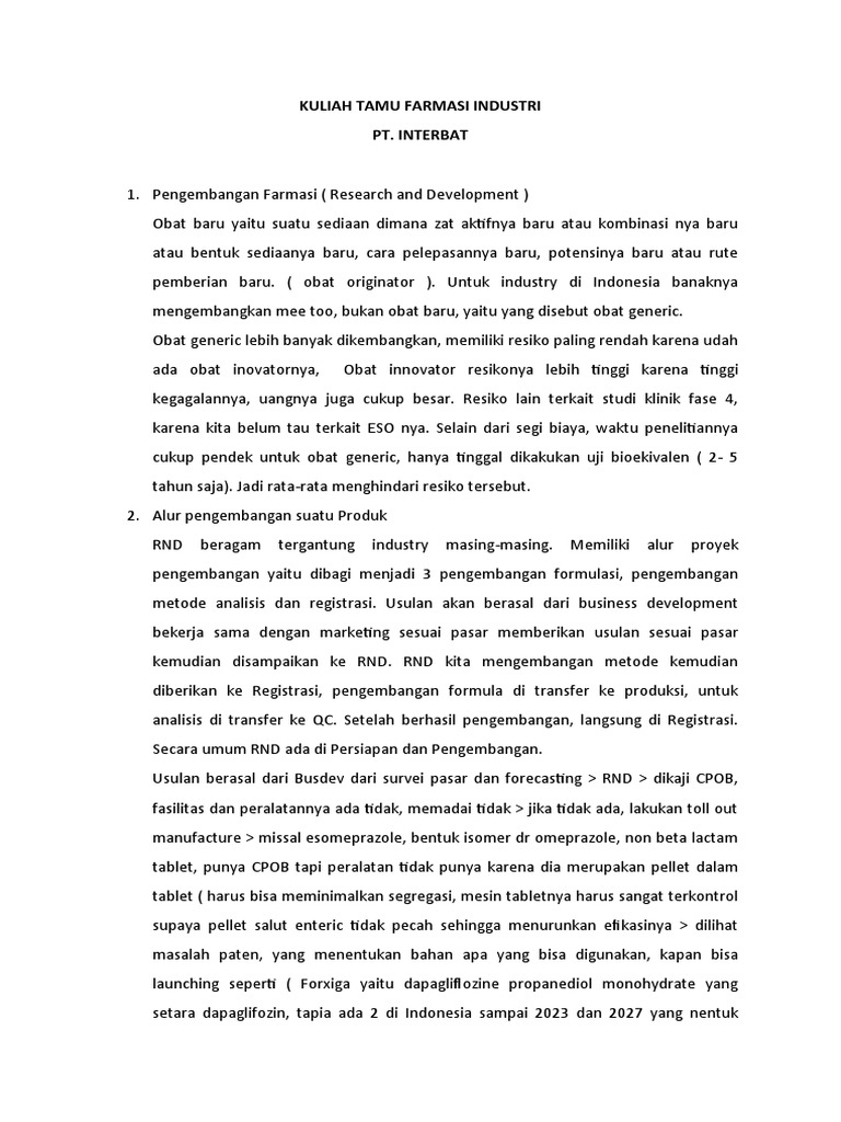 Kuliah Tamu Farmasi Industri Pt. Interbat | PDF | Pengembangan Diri ...