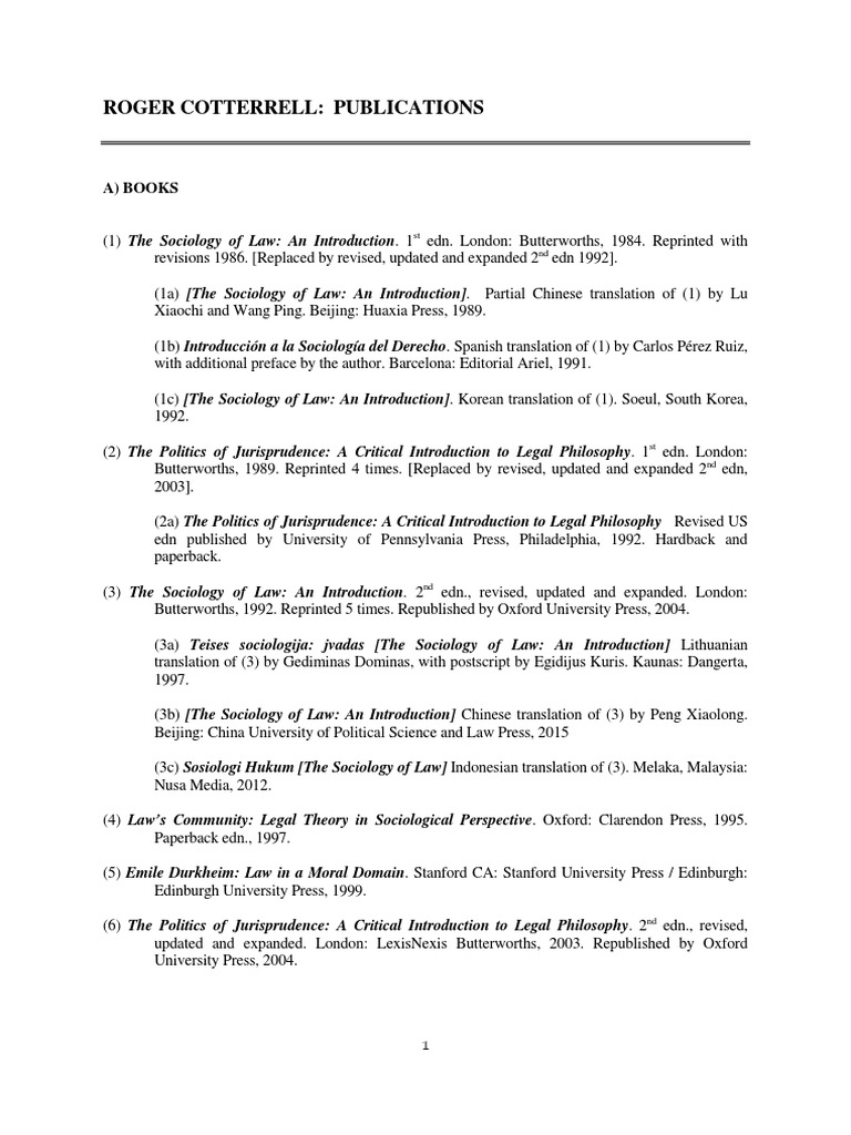 Roger Cotterrell: Publications: A) Books | PDF | Jurisprudence | Sociology