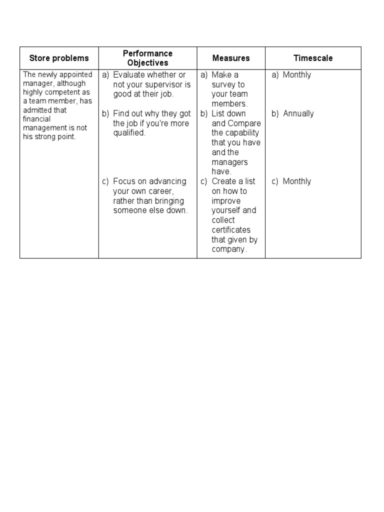 Store Problems Performance Objectives Measures Timescale | PDF