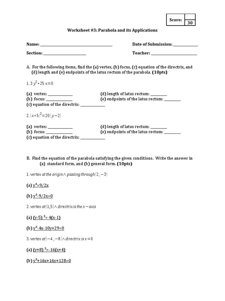 Parabola Worksheet and Applications | PDF | Geometry | Euclidean Geometry