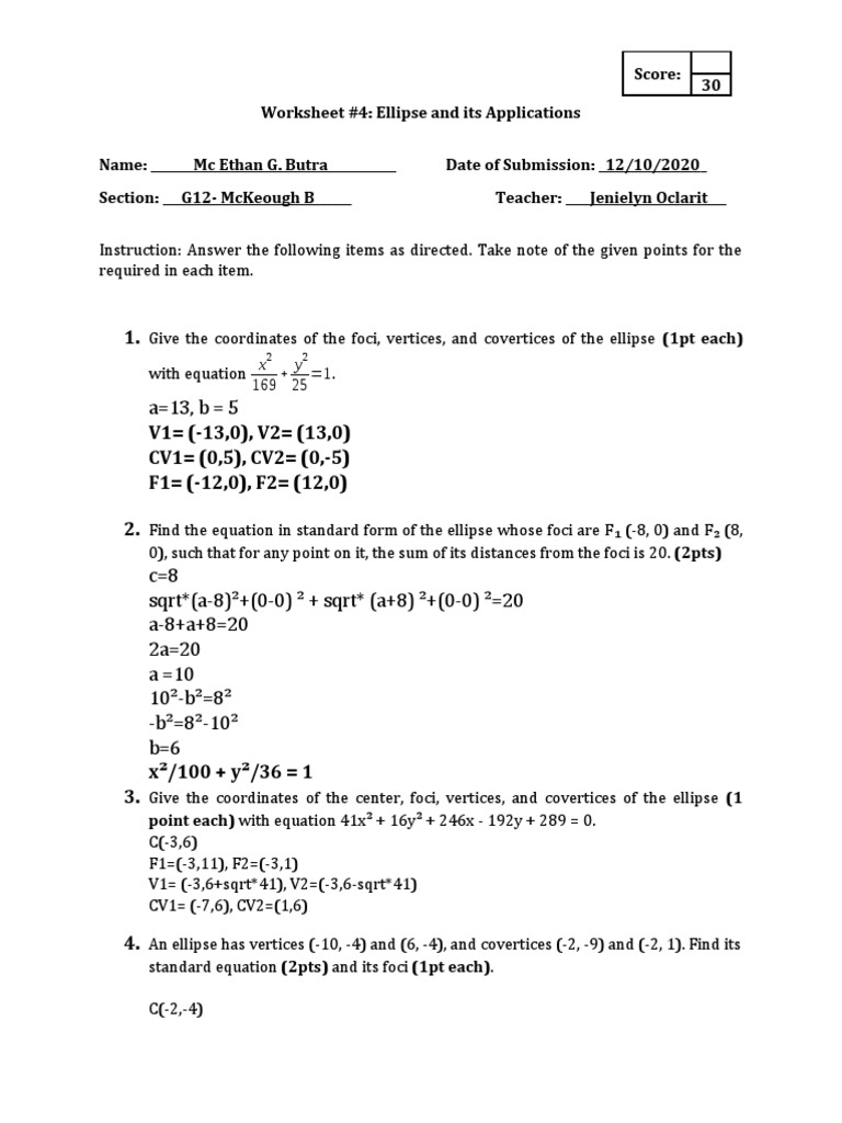 Worksheet 4 - Ellipse With Applications | PDF | Ellipse | Analytic Geometry