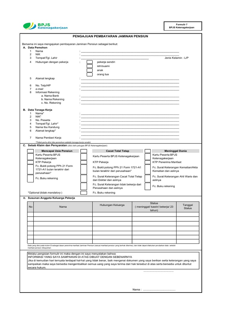 Form Pengajuan Pembayaran Jaminan Pensiun (JP) | PDF