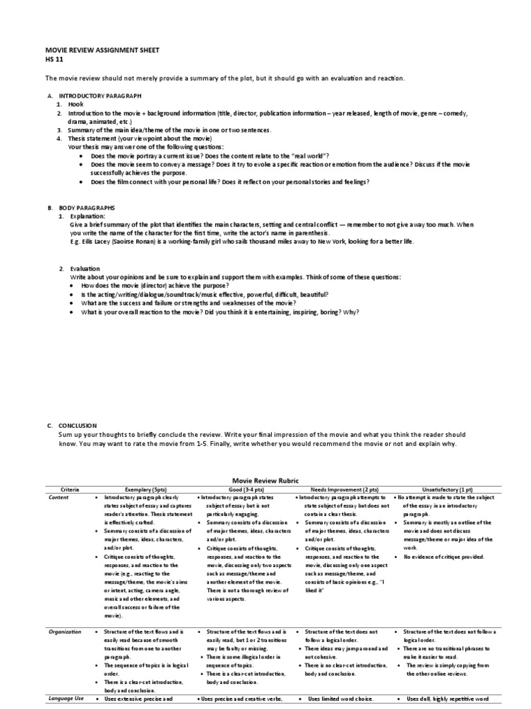 Movie Review Assignment Sheet | PDF | Essays | Sentence (Linguistics)