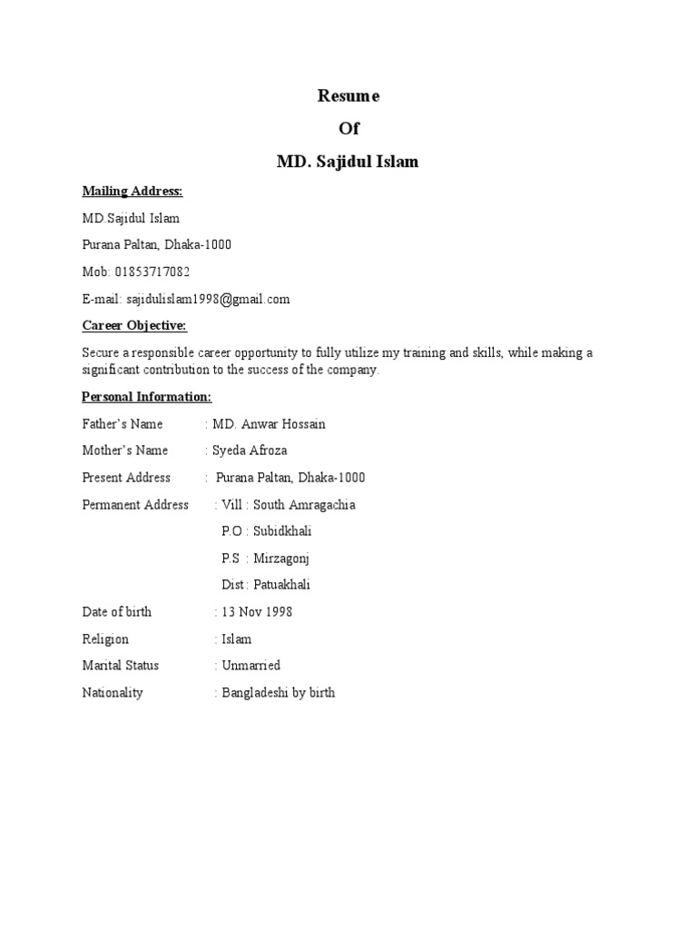 Resume of MD. Sajidul Islam: Mailing Address | PDF | Science | Cognition