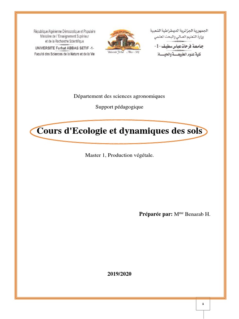 M1 Production Végétale 19-20 Cours D - Ecologie Et Dynamiques Des Sols ...