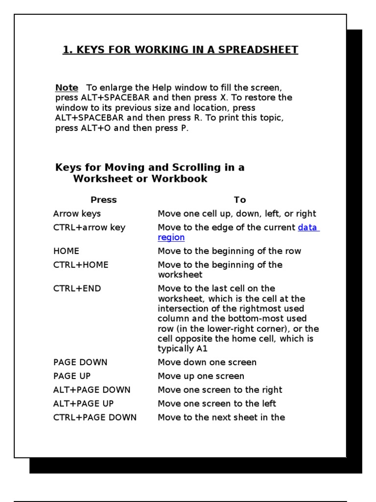 Keys For Working in A Spreadsheet: Note To Enlarge The Help Window To ...