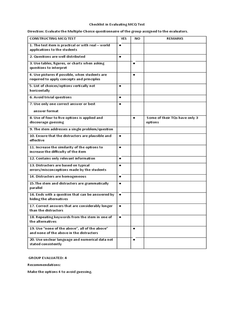 Checklist in Evaluating MCQ Test | PDF