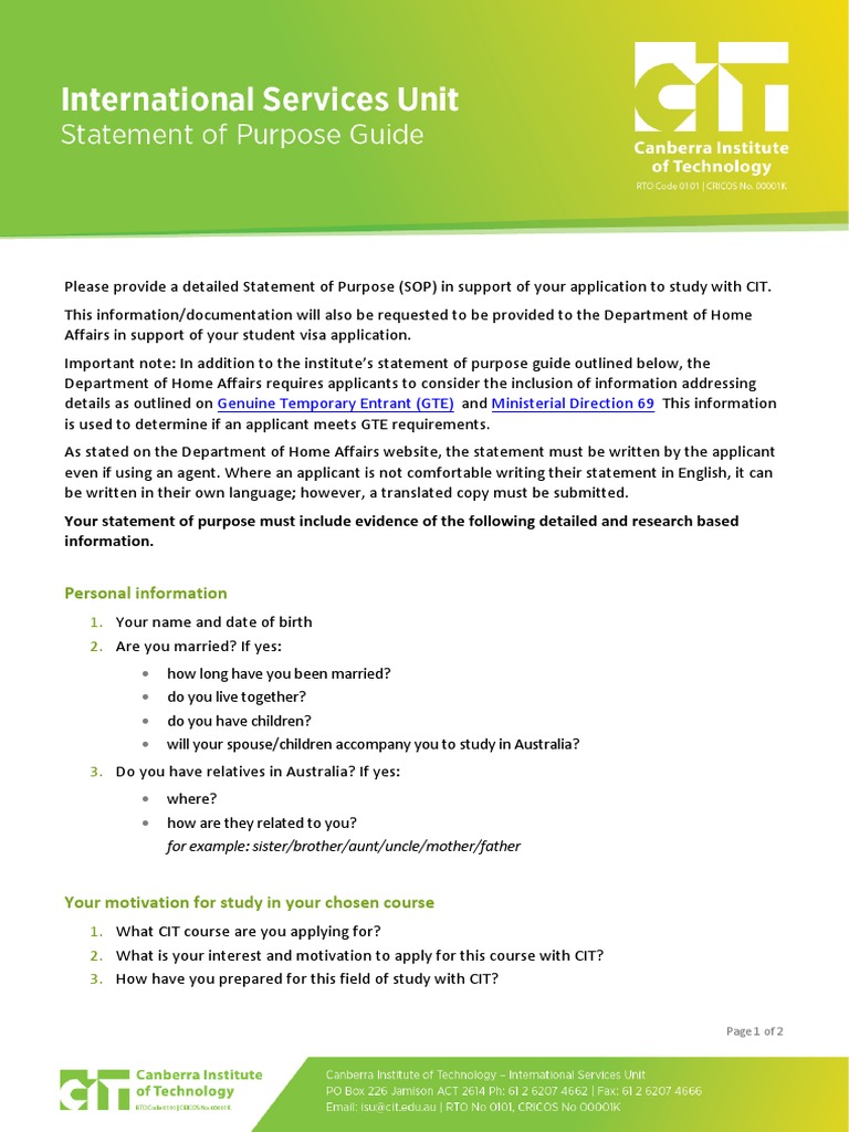 CIT Statement of Purpose Guide | PDF | Cognition