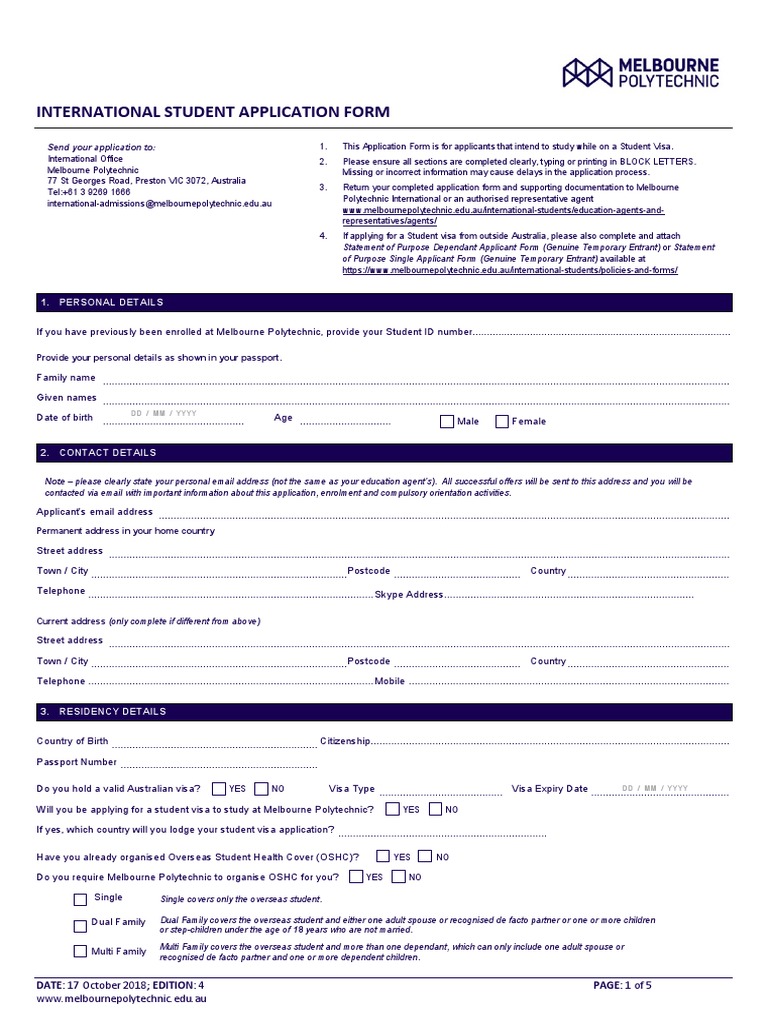 International Student Application Form: 1. Personal Details | PDF ...