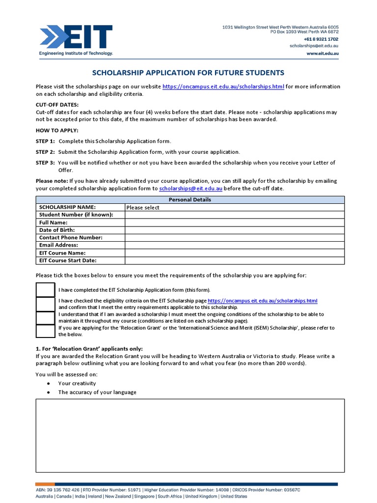 EIT Scholarship Form | PDF | Scholarship