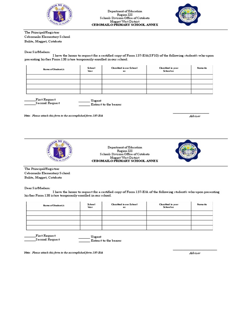 Request Form For Form 137 | PDF