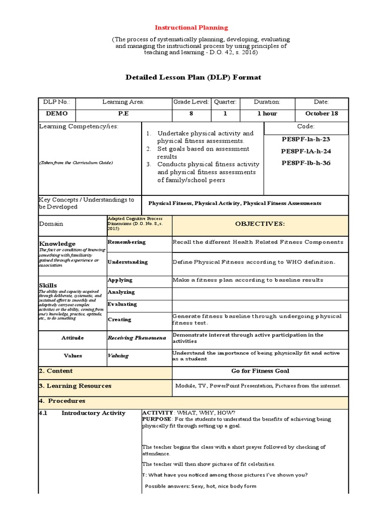 Detailed Lesson Plan for Physical Fitness | PDF | Physical Fitness ...