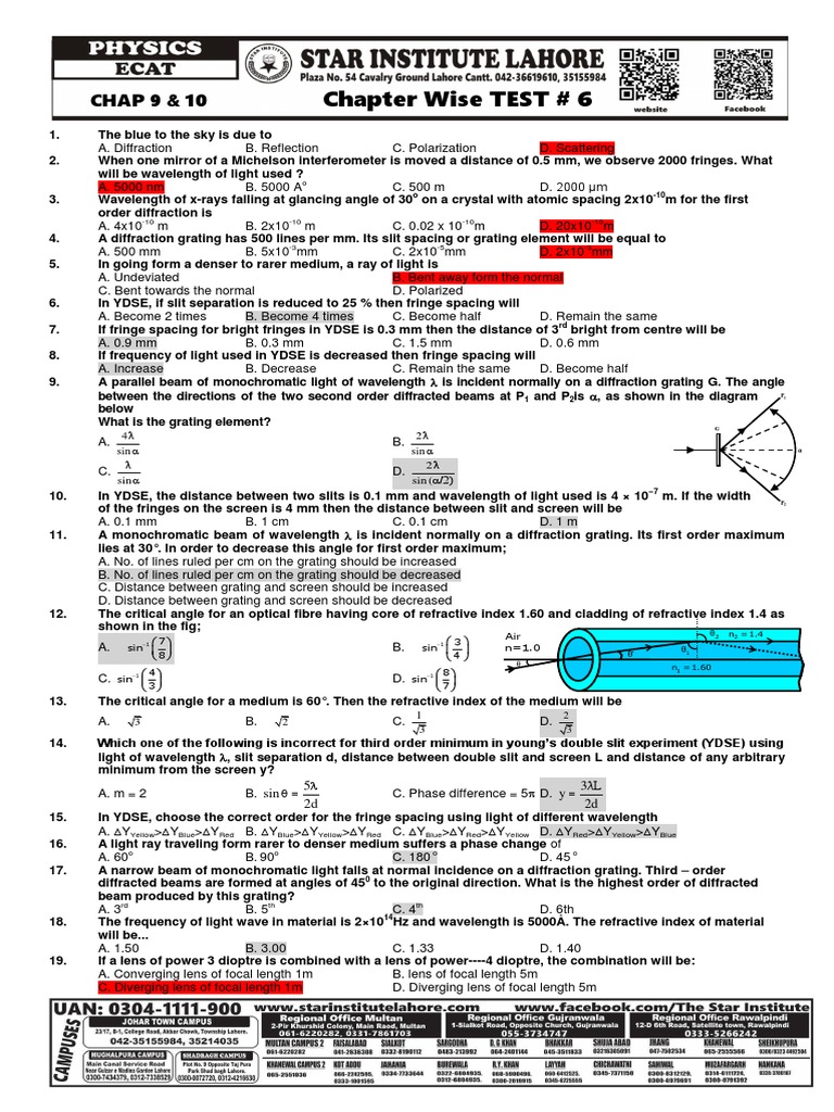 PHYSICS Test No. 6 Chapter. 9, 10 - KEY | PDF | Diffraction | Wavelength