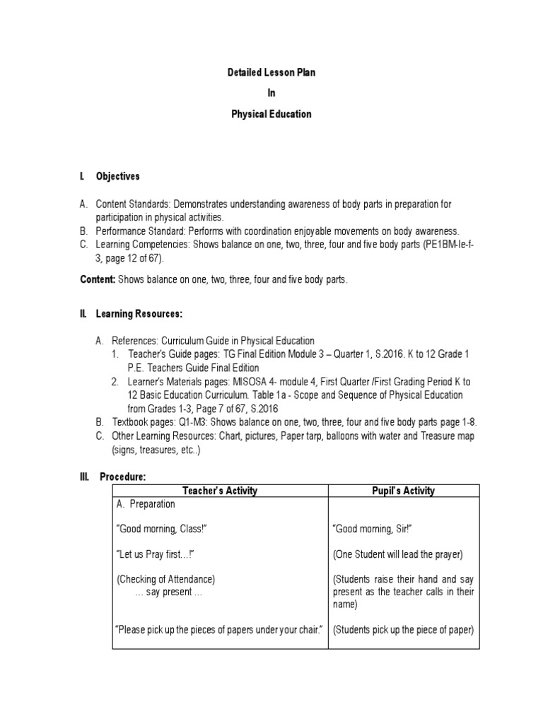 Grade 1 Body Awareness Lesson Plan | PDF | Physical Education | Curriculum