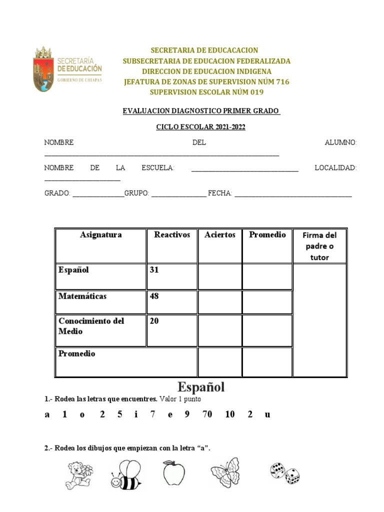 Examen Diagnostico Primer Grado | PDF