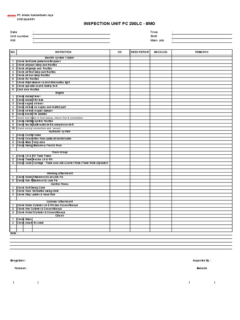 Excavator Maintenance Inspection Checklist | PDF | Engines | Belt ...