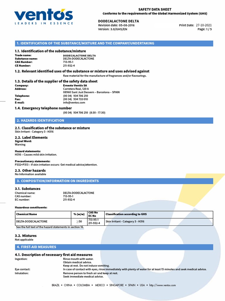 Sds Dodecalactone Delta | PDF | Dangerous Goods | Firefighting