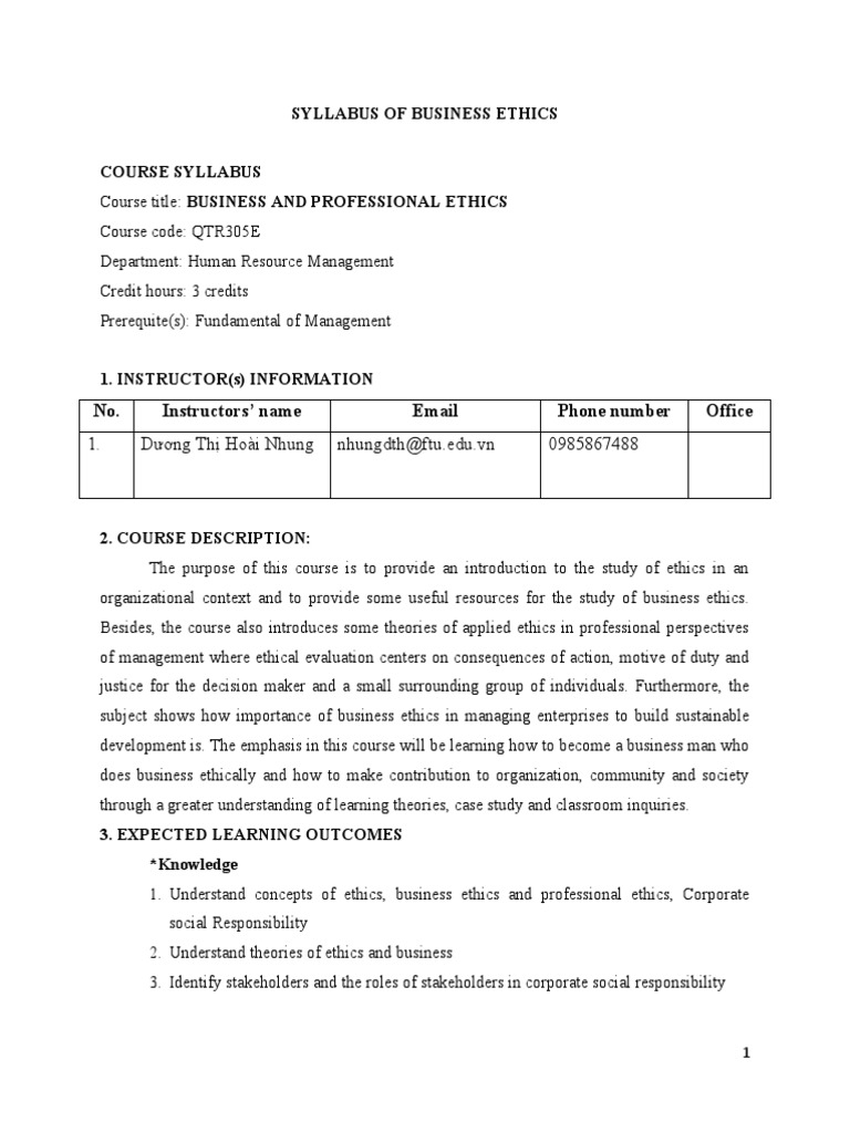 Business Ethics Course Syllabus | PDF | Corporate Social Responsibility ...