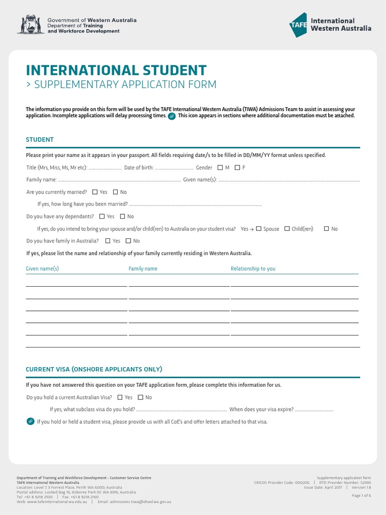 International Student: Supplementary Application Form | PDF | Travel ...