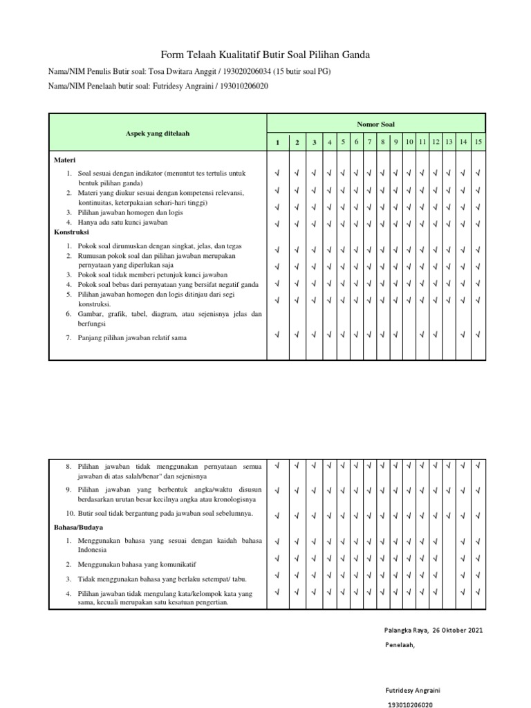 Form Telaah Kualitatif Butir Soal PG Dan Esai Futridesy Angraini ...