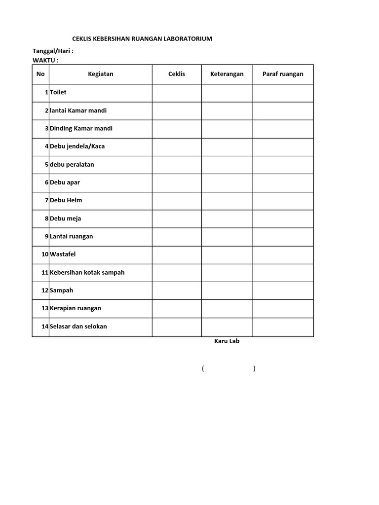 Ceklis Kebersihan Laboratorium | PDF