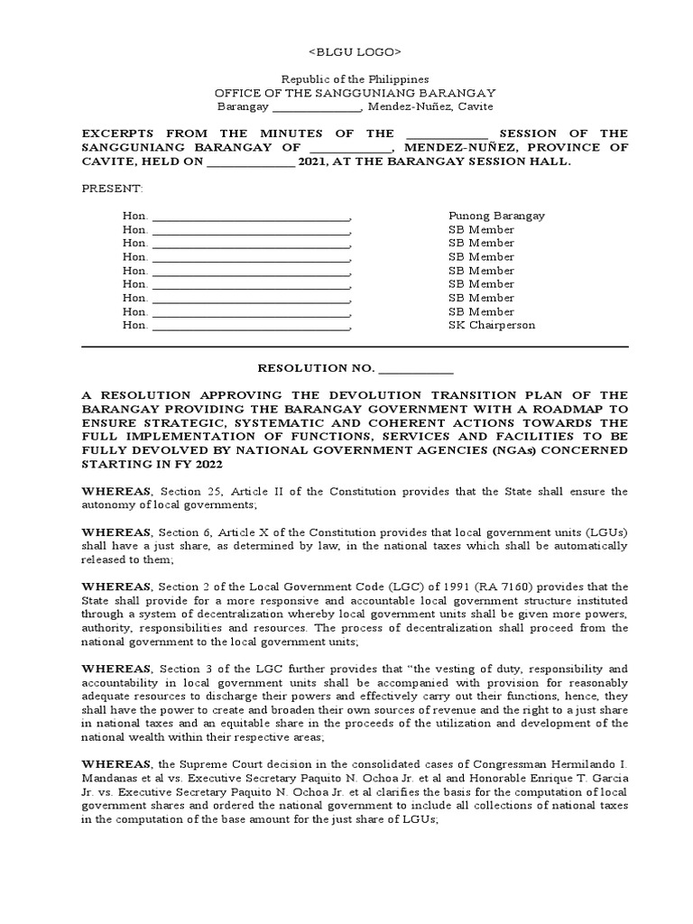 Mendez Nuñez TEMPLATE SB RESOLUTION APPROVING THE BARANGAY DTP | PDF ...