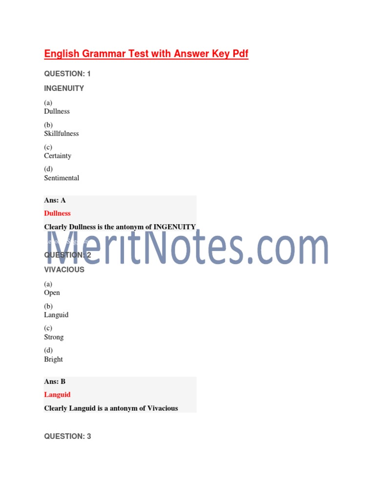 English Grammar Test With Answer Key PDF: Ingenuity | PDF