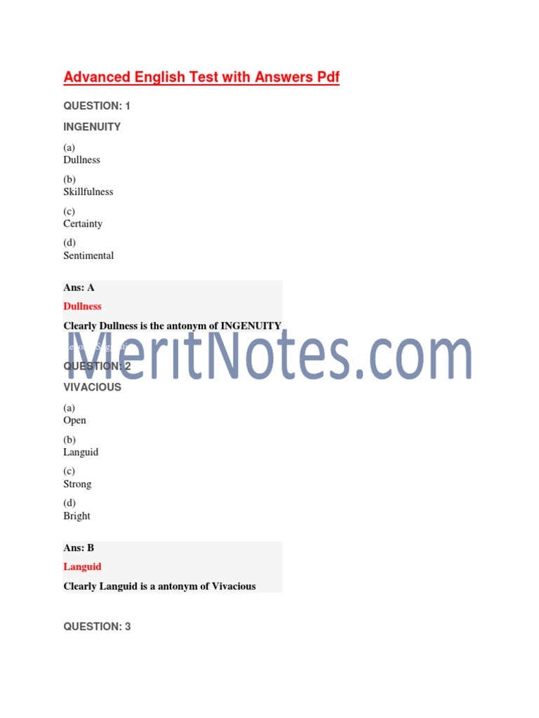 Advanced English Test With Answers PDF: Ingenuity | PDF