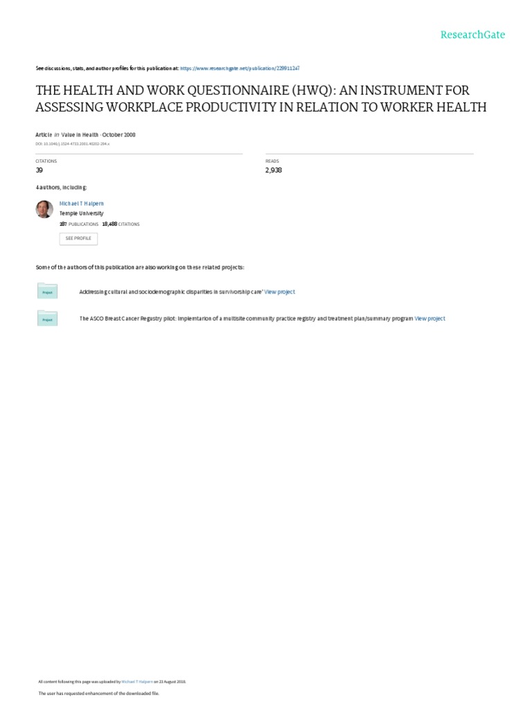 The Health and Work Questionnaire HWQ An Instrumen | PDF ...