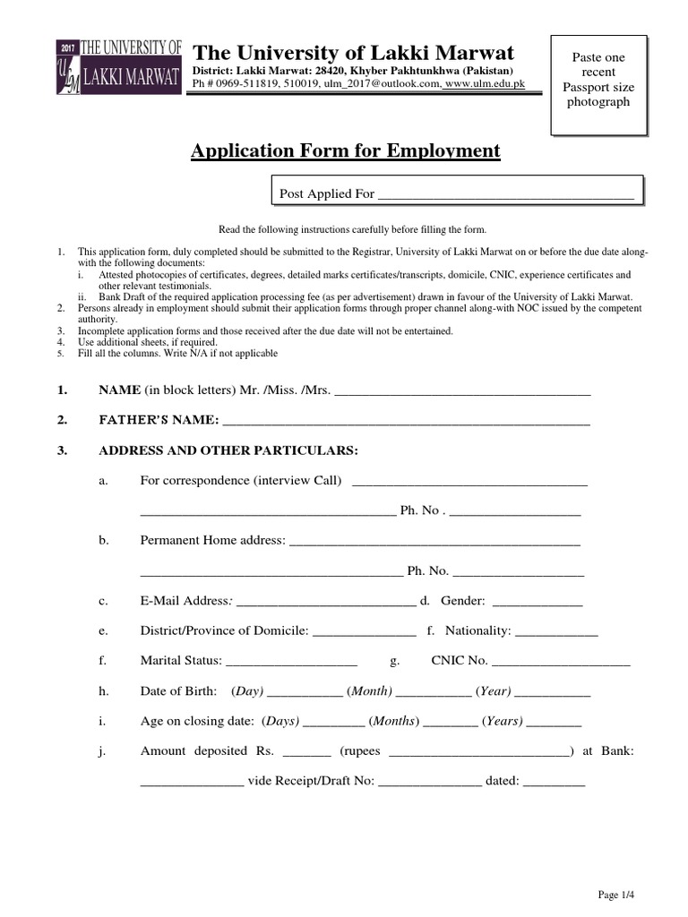 The University of Lakki Marwat: Application Form For Employment | PDF ...