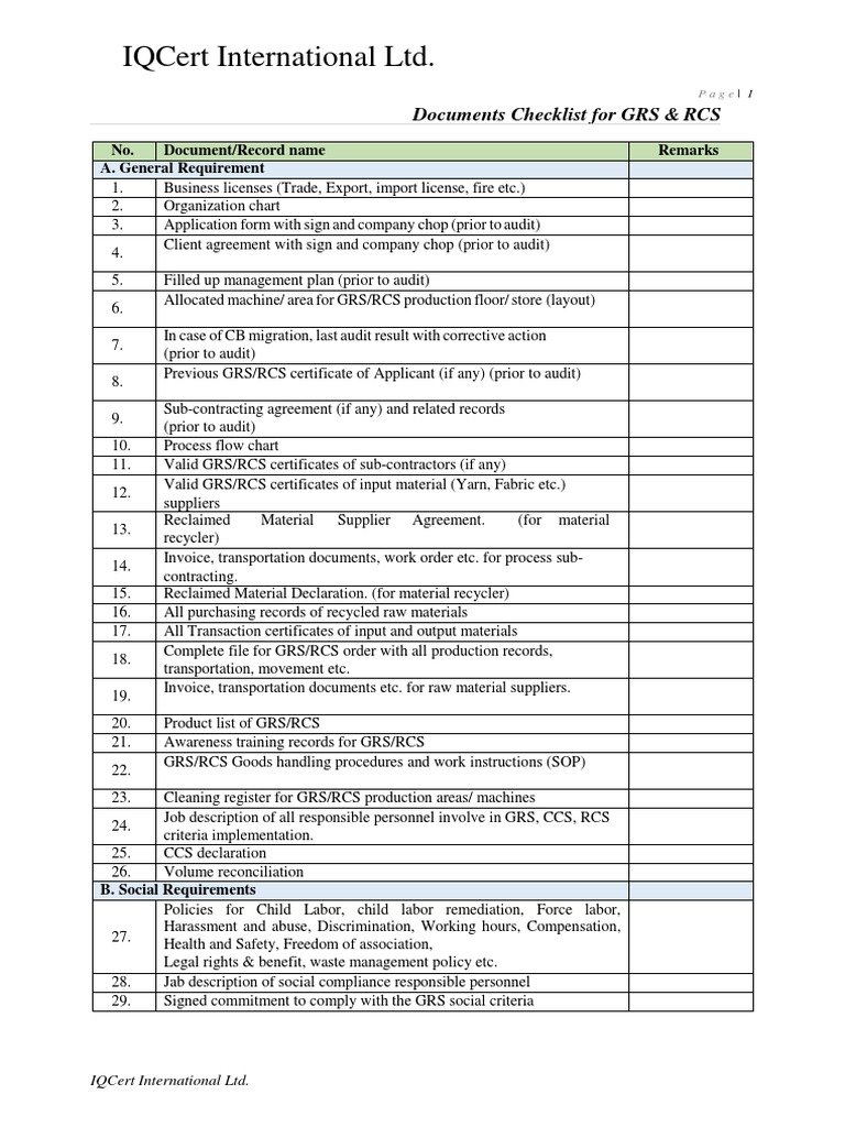 Iqcert International LTD.: Documents Checklist For Grs & Rcs | PDF ...