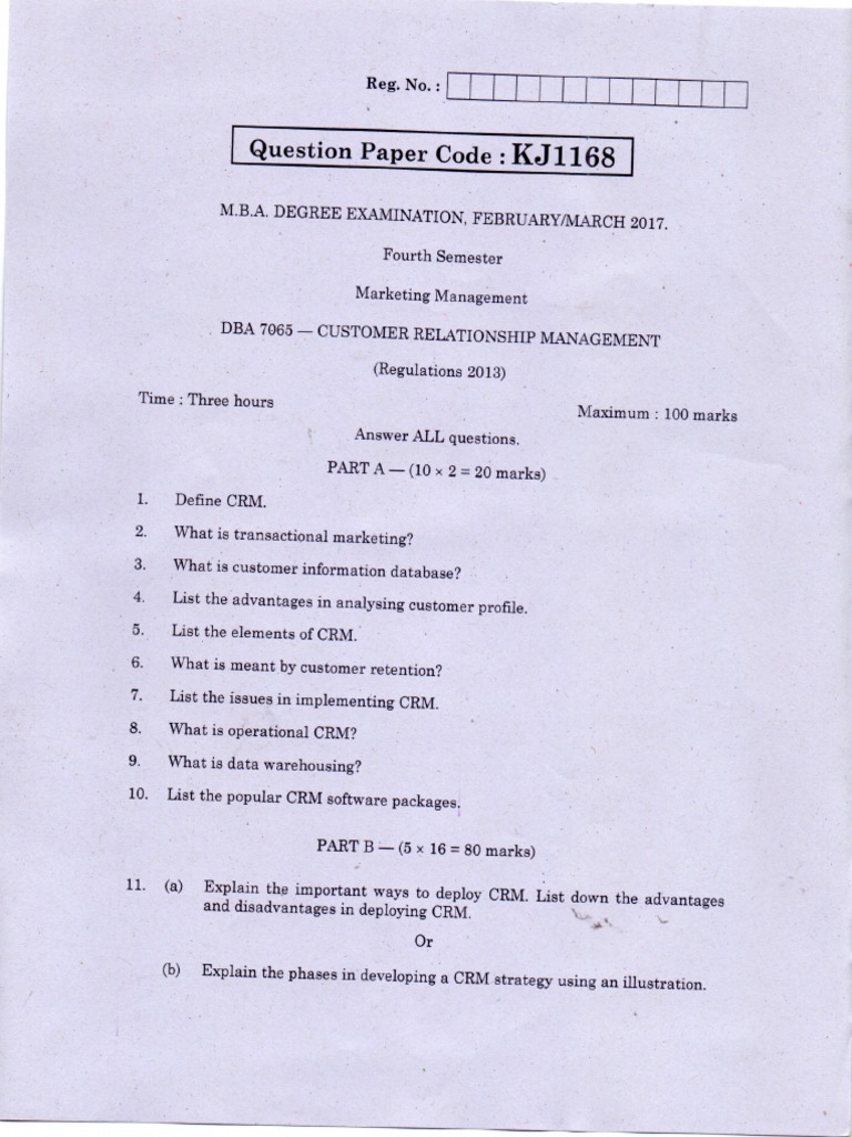 Customer Relationship Management Question Paper | PDF