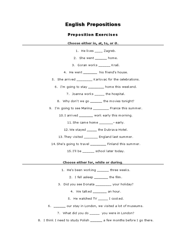 English Prepositions Exercises | PDF