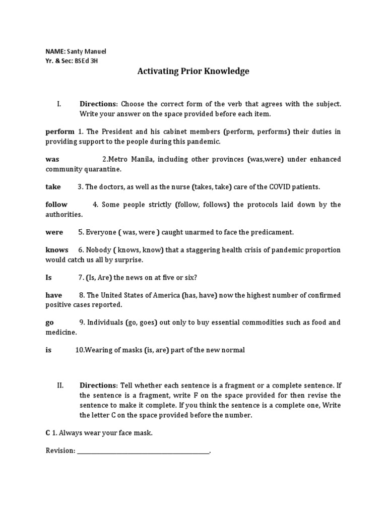 Activating Prior Knowledge: Name: Santy Manuel Yr. & Sec: Bsed 3H | PDF ...