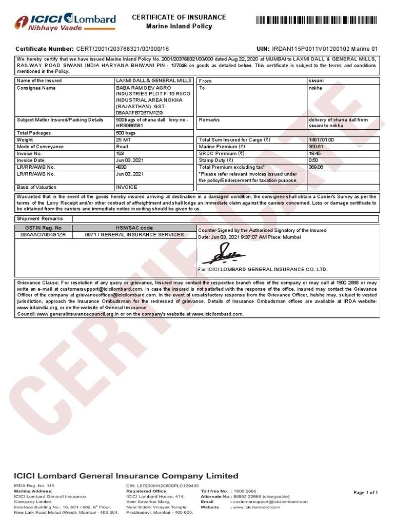 Certificate of Insurance Marine Inland Policy | PDF | Insurance ...
