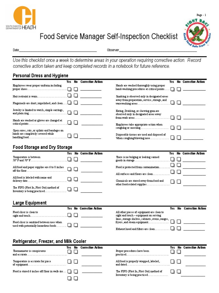 Food Service Manager Self-Inspection Checklist | PDF | Foods | Hand Washing