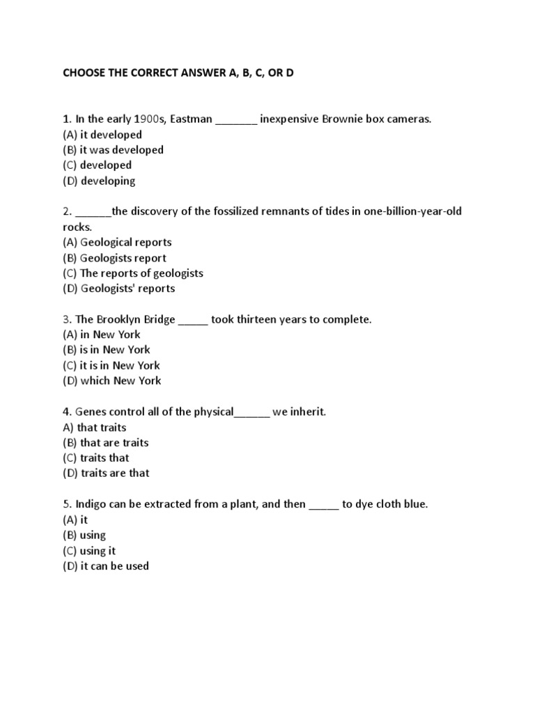 Choose the Correct Answer Multiple Choice Test | PDF
