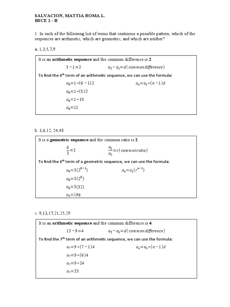 Salvacion, Mattia Roma L. Bsce 1 - B: A A D (Common Difference) | PDF ...