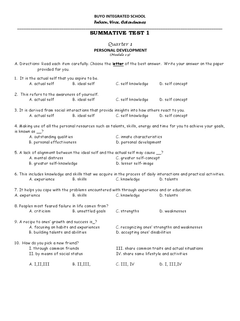 Perdev Summative Test 1 | PDF | Self Concept | Self Perdev Summative Test 1 | PDF | Self Concept | Self