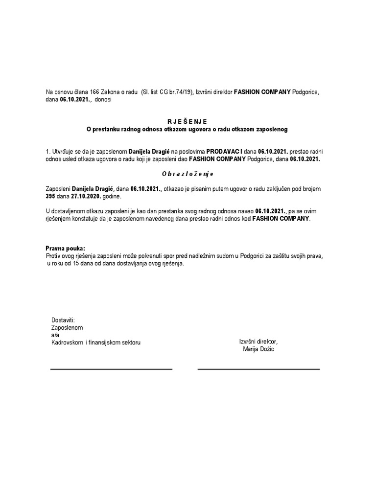 Prestanak Radnog Odnosa | PDF