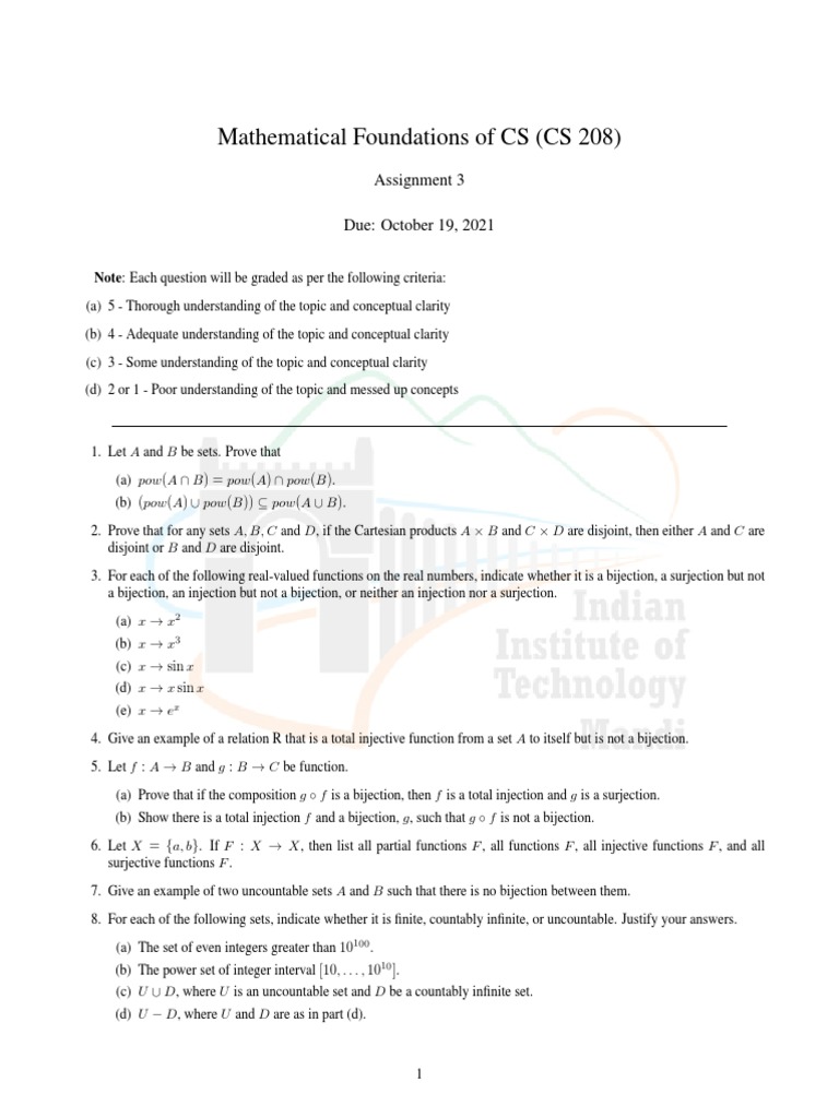 Mathematical Foundations of CS (CS 208) : Assignment 3 | PDF