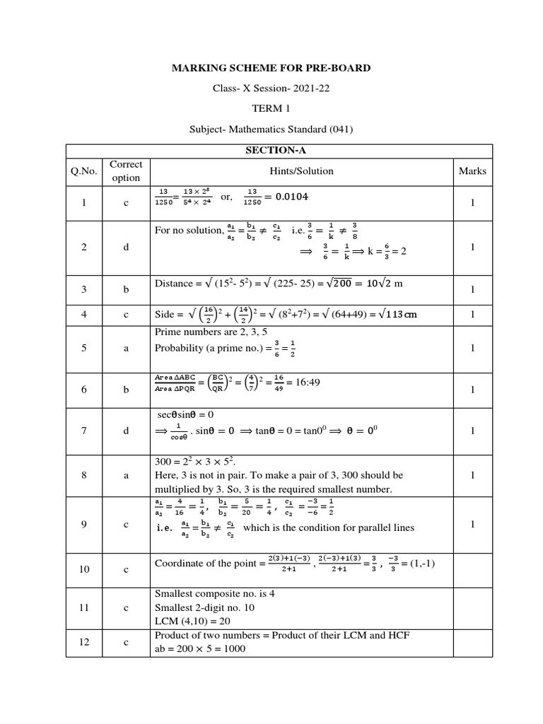 X Marking Scheme Maths Standard | Download Free PDF | Elementary ...