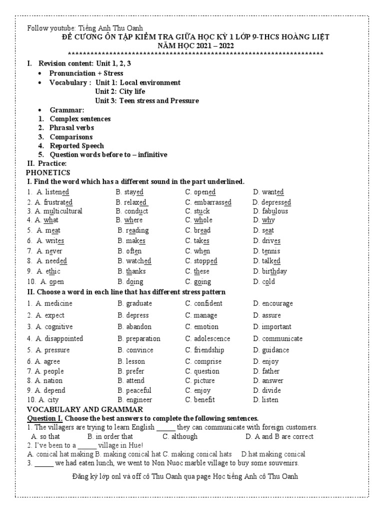 De Cuong On Tap Giua Ki Tieng Anh 9 - 2021 - 2022 | PDF | English Language | Linguistics