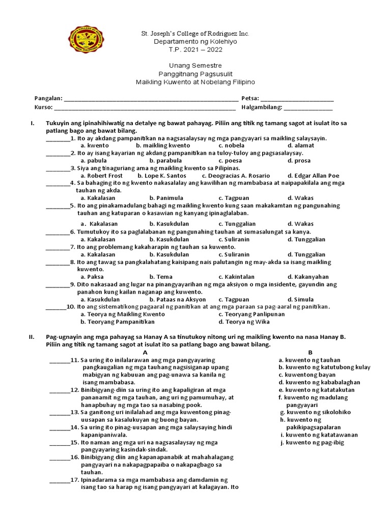 Panggitnang Pagsusulit Sa Maikling Kuwento at Nobelang Filipino | PDF