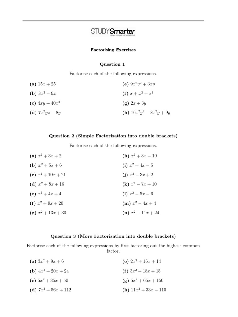 Factorisation Exercises for Algebra | PDF | Applied Mathematics ...