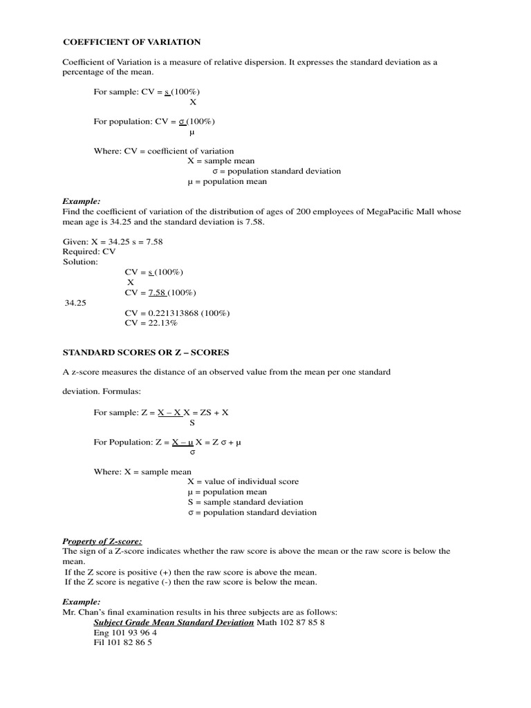 Coefficient of Variation and Areas Under Normal Curve | PDF ...
