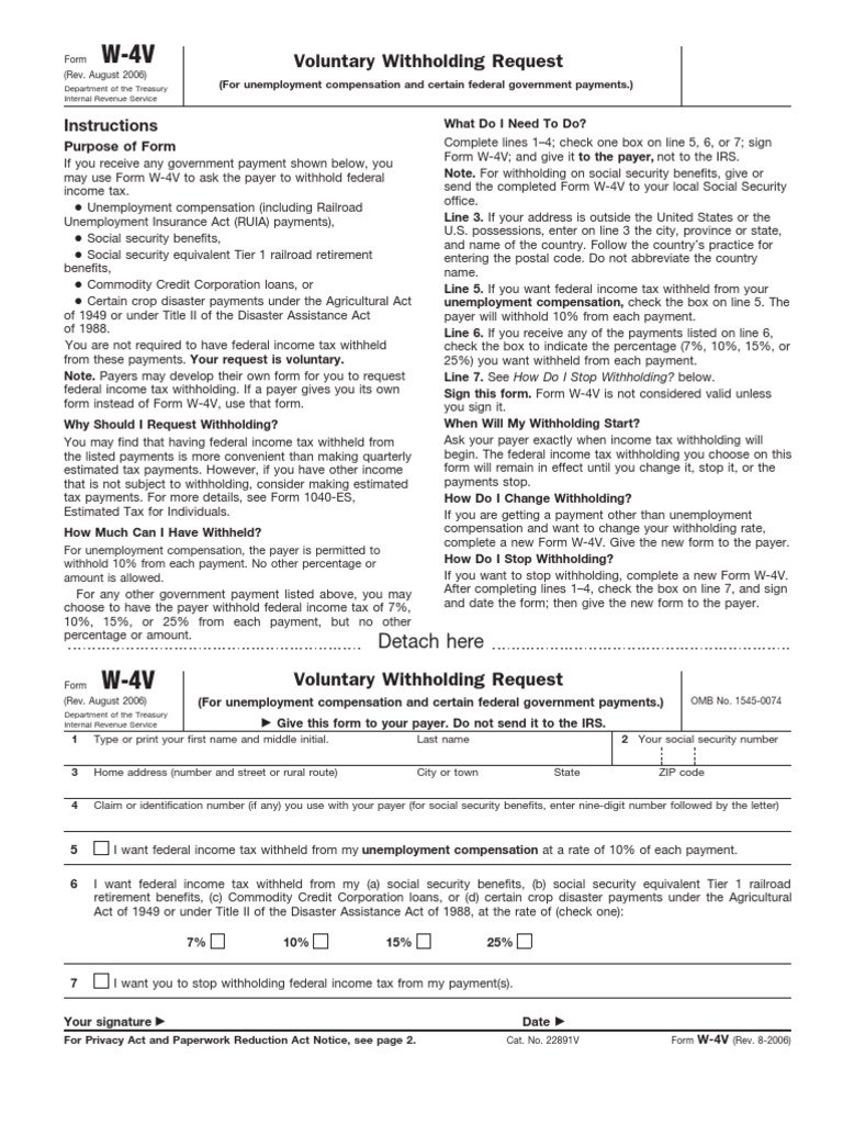 W-4V Voluntary Tax Withholding Form | PDF | Withholding Tax | Income Tax